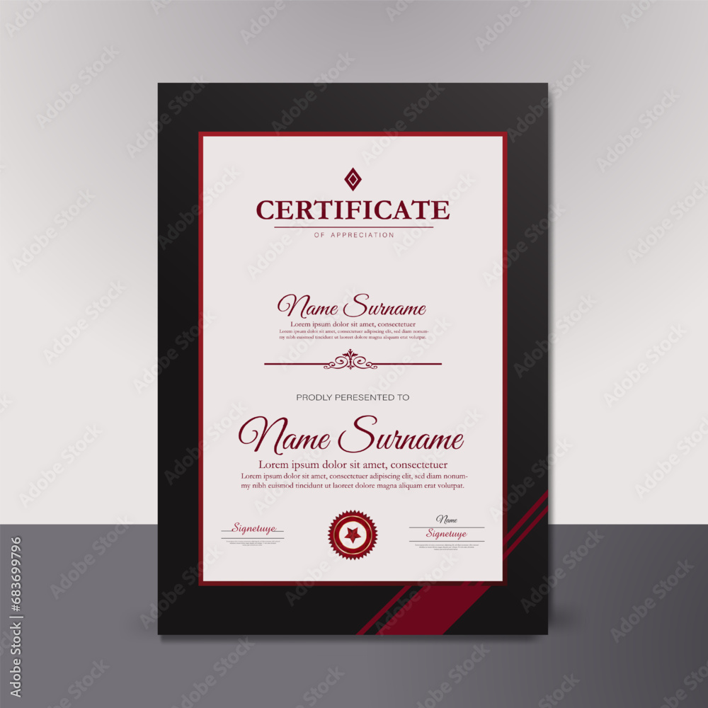 A certificate with vector clean style black and maroon color modern ...