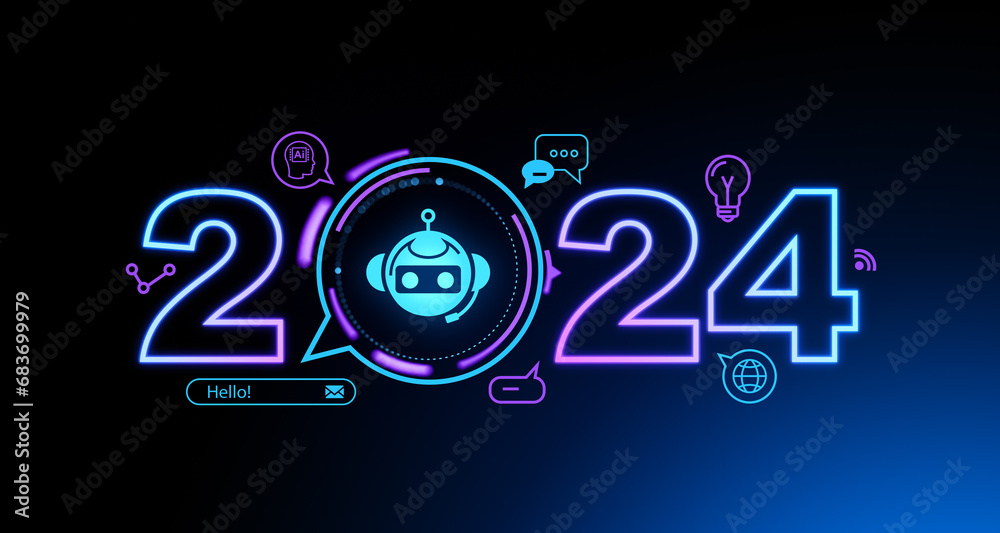 Chat bot icon and 2024 year hologram, robot communication Stock ...