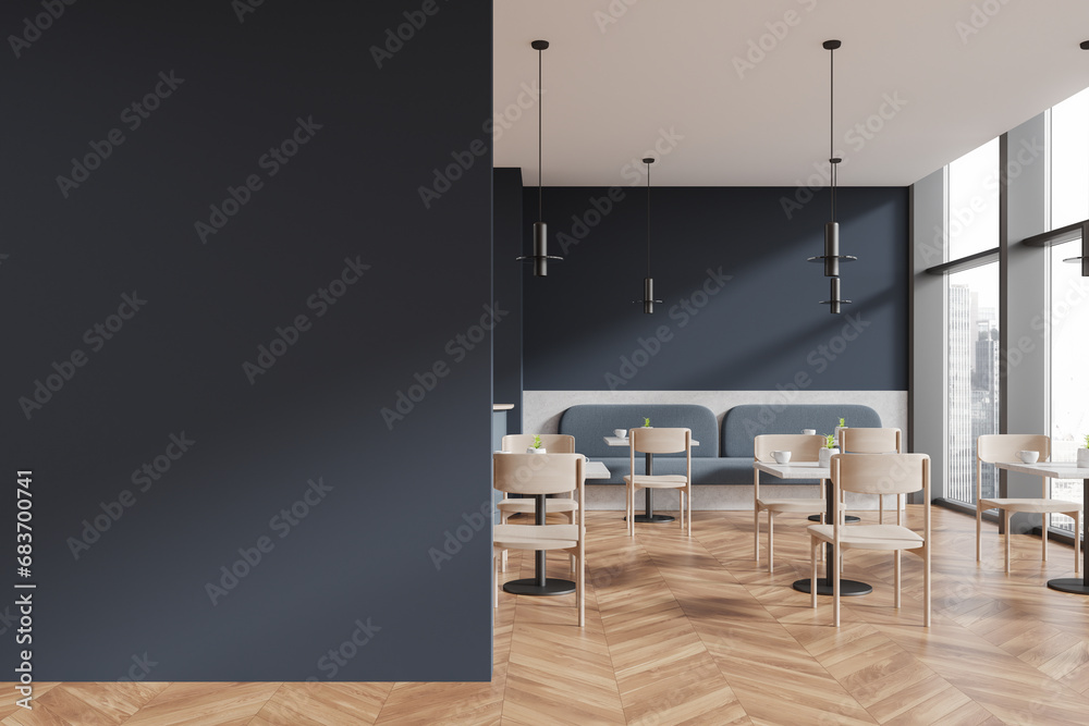 Blue restaurant interior with eating table and chairs, window. Mock up ...