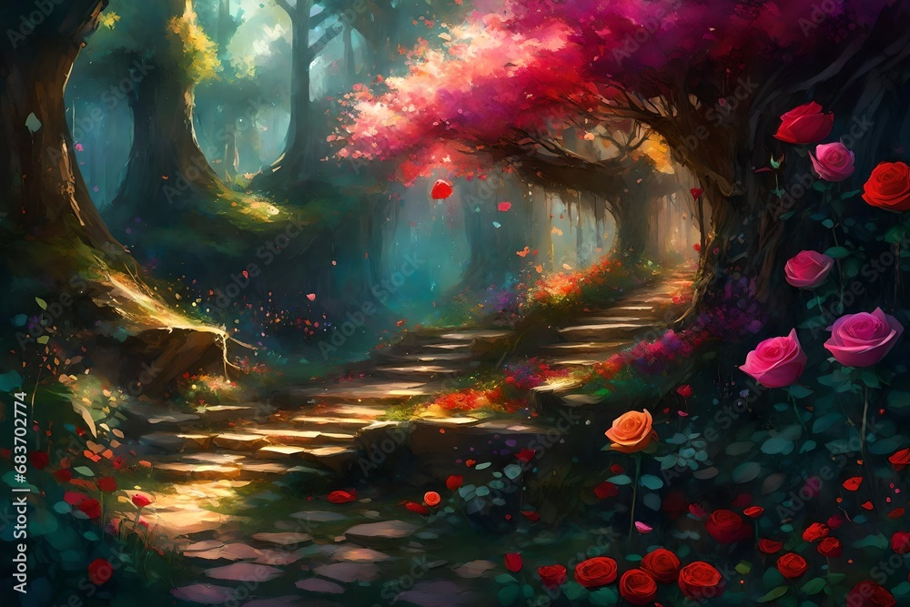 Describe a magical forest where enchanted roses of various colors ...