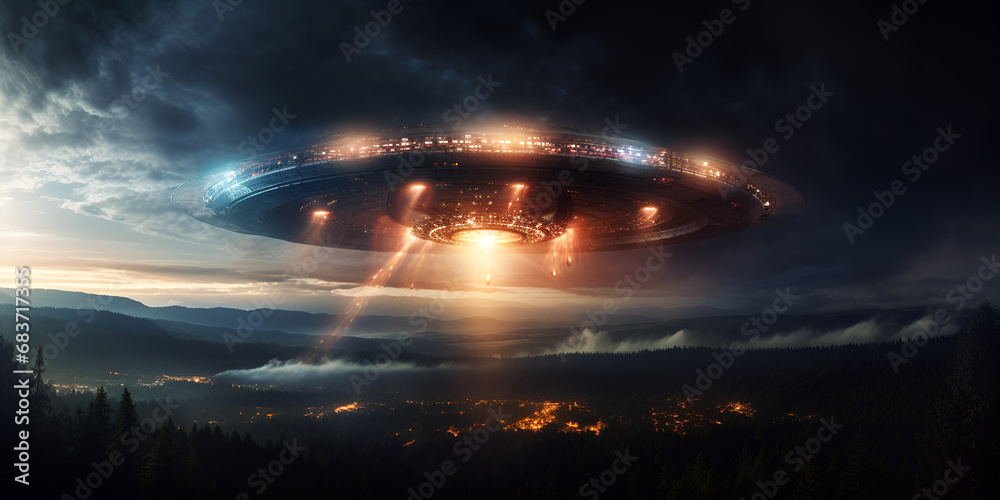 UFO in the dark sky Fantasy landscape with flying saucer in the sky ...