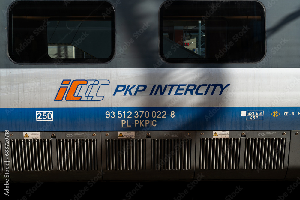 PKP Intercity logo sign on the side of Pendolino train. Express Premium ...