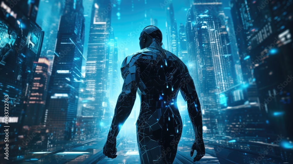 A futuristic black figure walks in a futuristic world, showcasing a ...