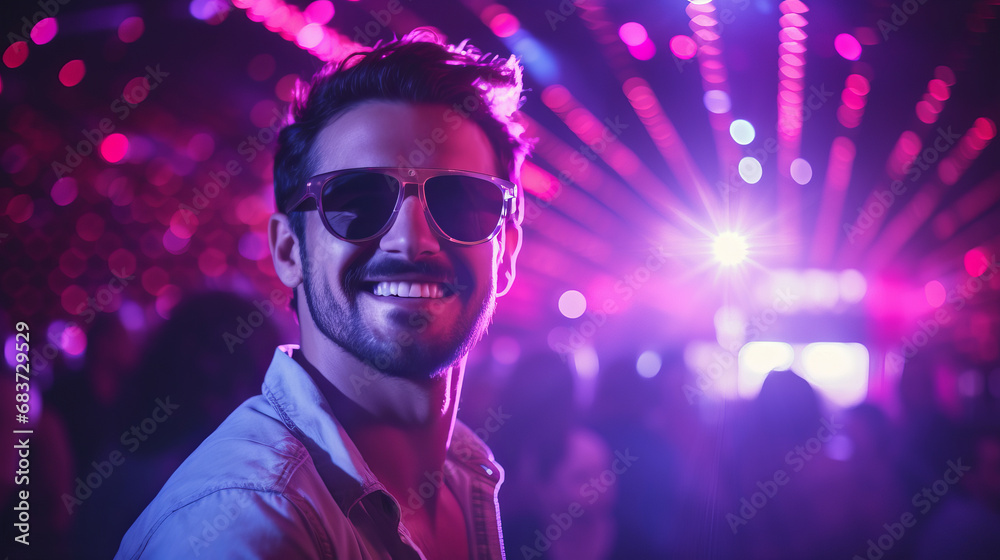 Portrait of a happy guy in a night club with purple and pink spotlight ...