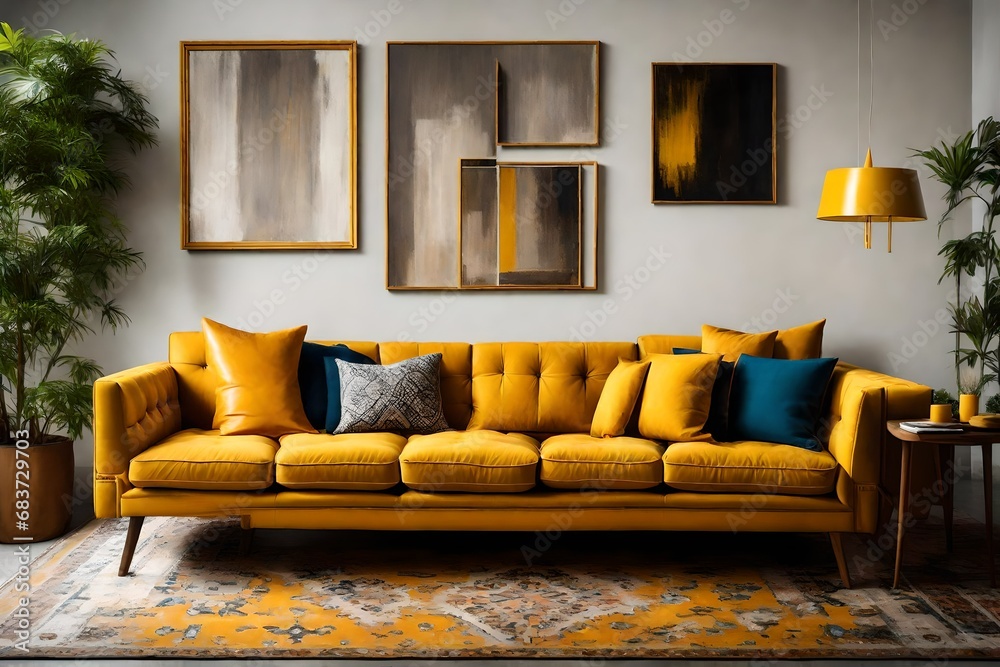 Generate an image of a Mustard Color Sofa, adding a pop of energy to a ...