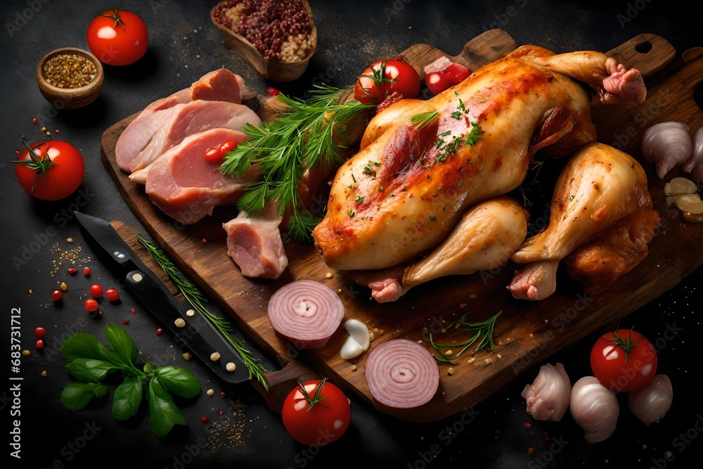 CHIKEN MEAT, BEAF, MUTTON IS PRESENT AGAINST SOMKY BACKGROUND, 8K ...