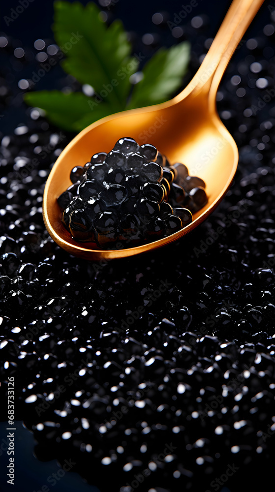 Black Caviar in spoon, top view of sturgeon black caviar close-up ...