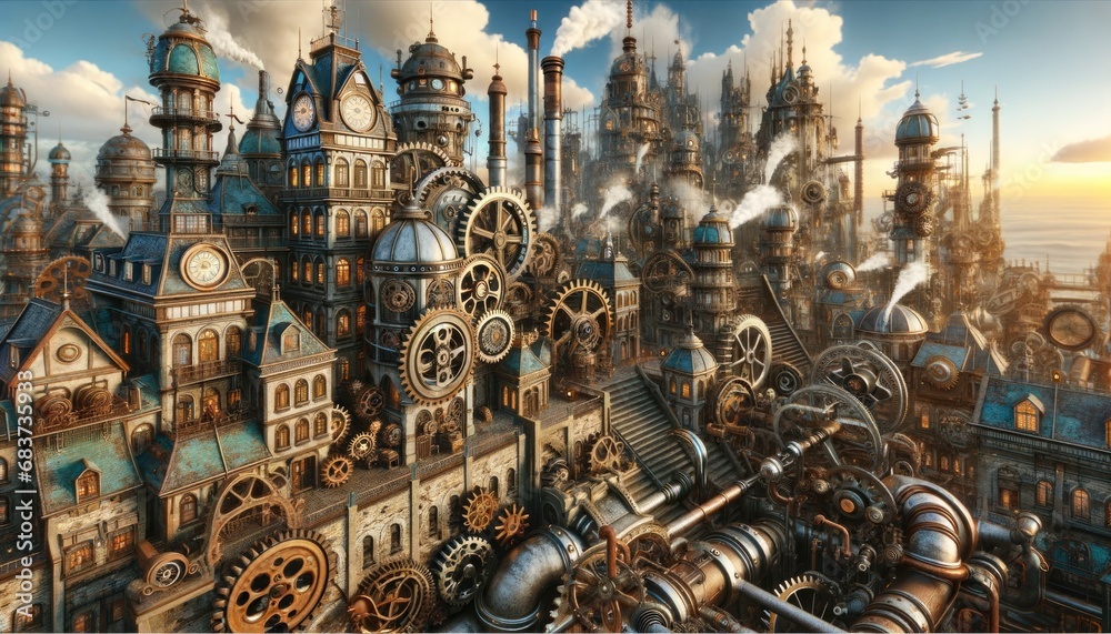 An imaginative steampunk cityscape with industrial gears, steam pipes ...