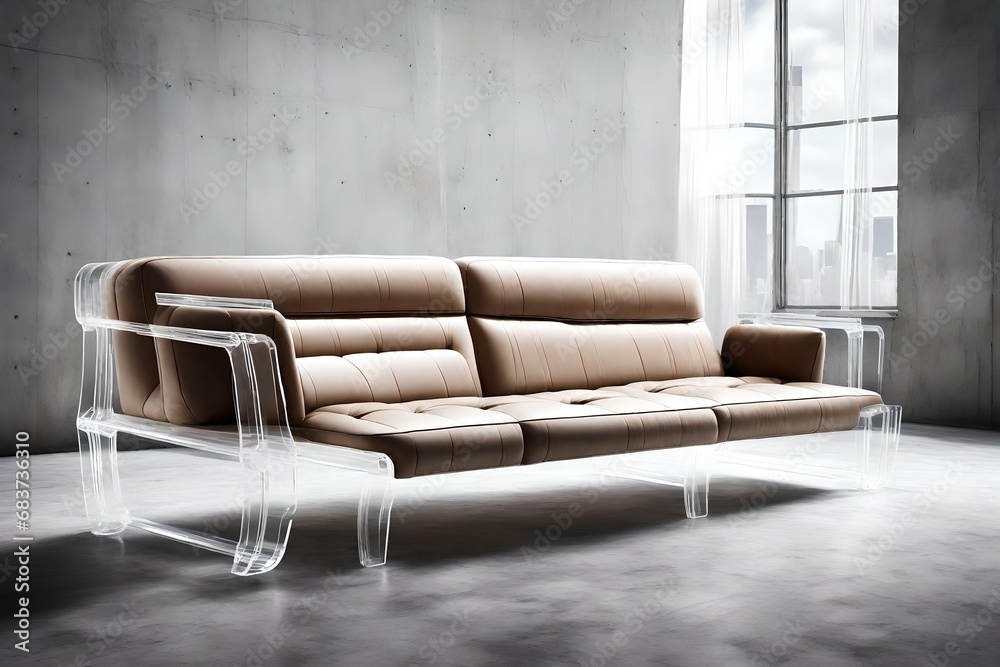 Compose an image of an acrylic sofa that appears almost weightless in ...