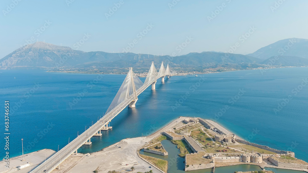 Patras, Greece. Rio Fortress. The Rio-Antirrio Bridge. Officially the ...