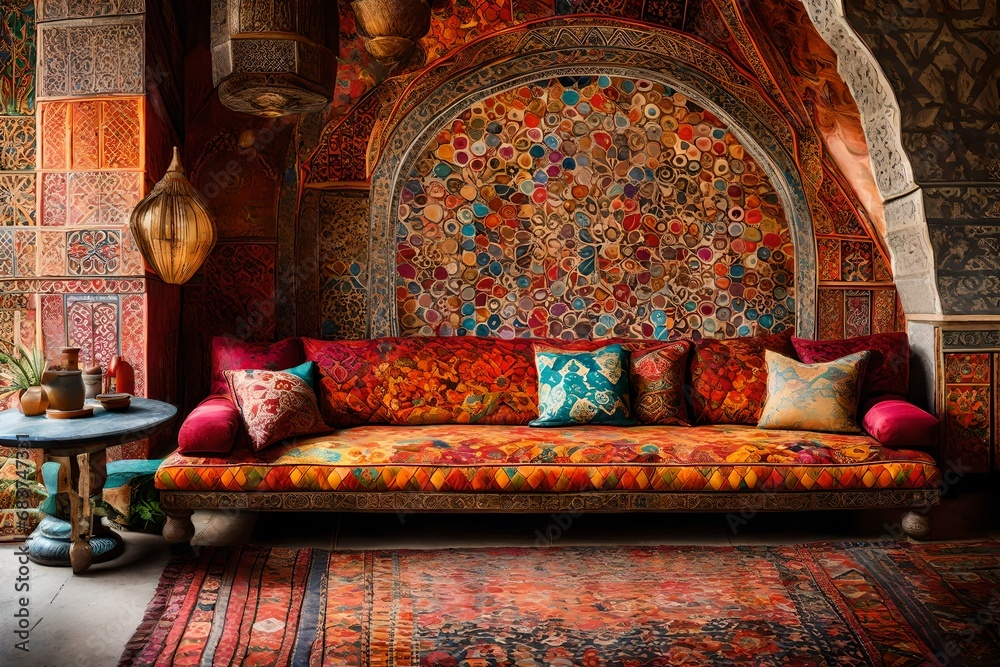 Capture the vibrant patterns and colors of a Moroccan sofa in a lively ...