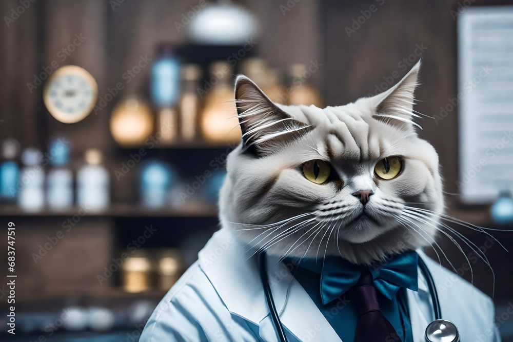 An anthropomorphic persian cat dressed as doctor hyper-realistic,the ...