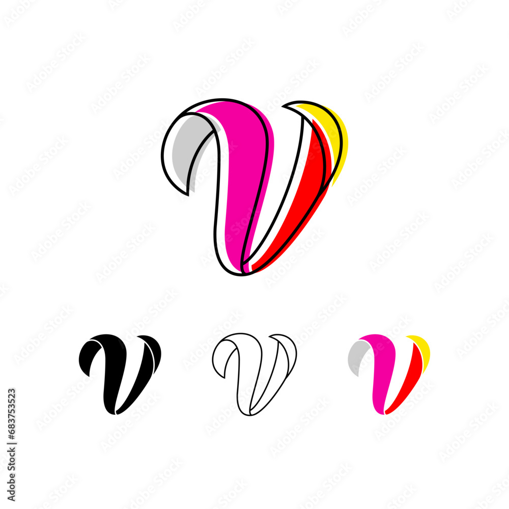 Colorful curvy letter V, handwritten script alphabet, cursive ...