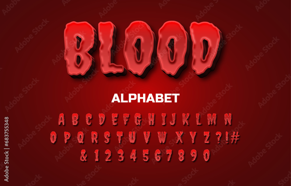 Blood font alphabet text effect template, 3d cartoon red bold halloween ...