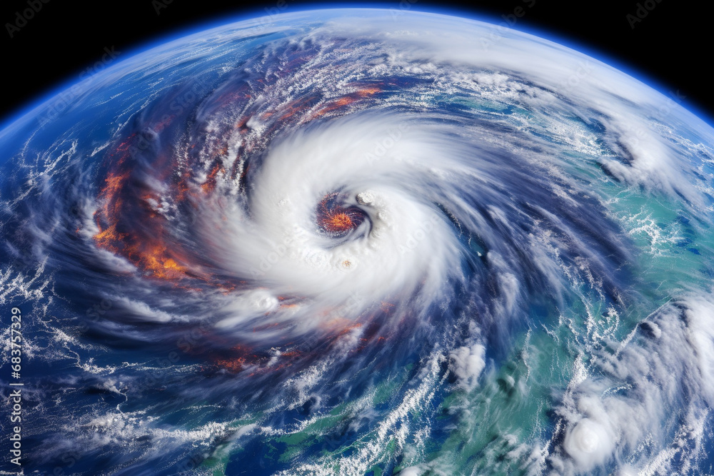 multicolor a satellite image of a hurricane from space, showcasing swirling clouds, eye of storm ...