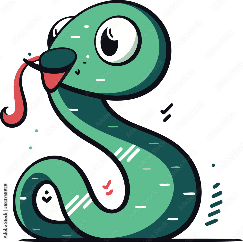 Cute cartoon snake with tongue vector illustration isolated on white ...