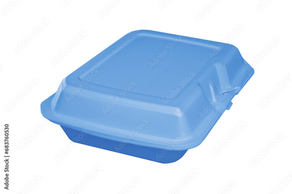 One blue disposable polystyrene foam food box on a transparent ...