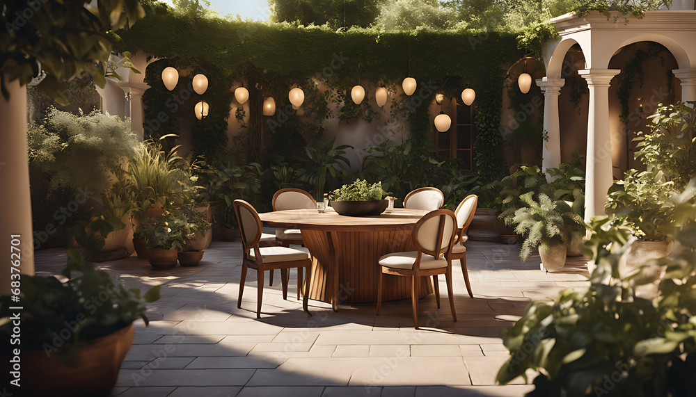 An open-air courtyard features a circular wooden table surrounded by ...