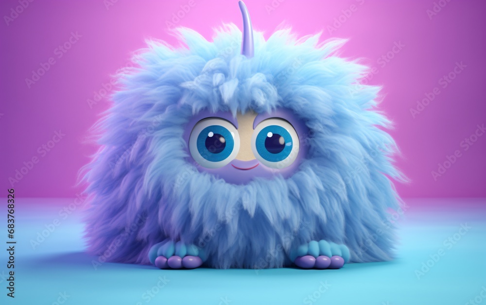 cute fluffy blue monster head on a purple background, tracing, playful ...