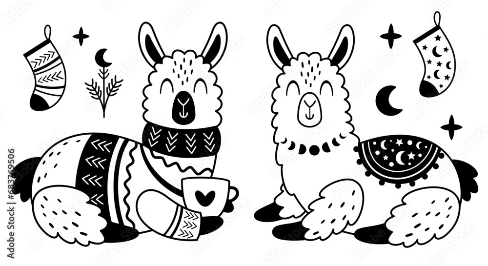 Black and white Christmas llama clipart in cartoon flat style. Cute ...