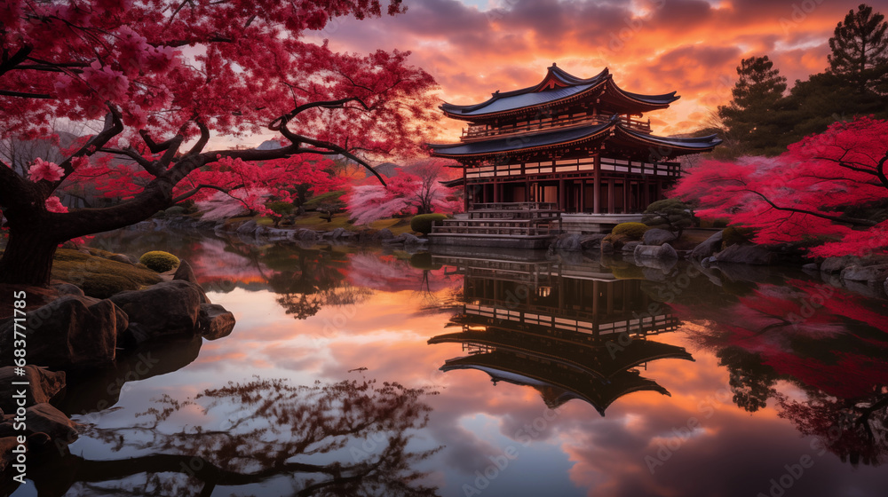 Beautiful Japanese landscape with a traditional bridge and gazebo ...