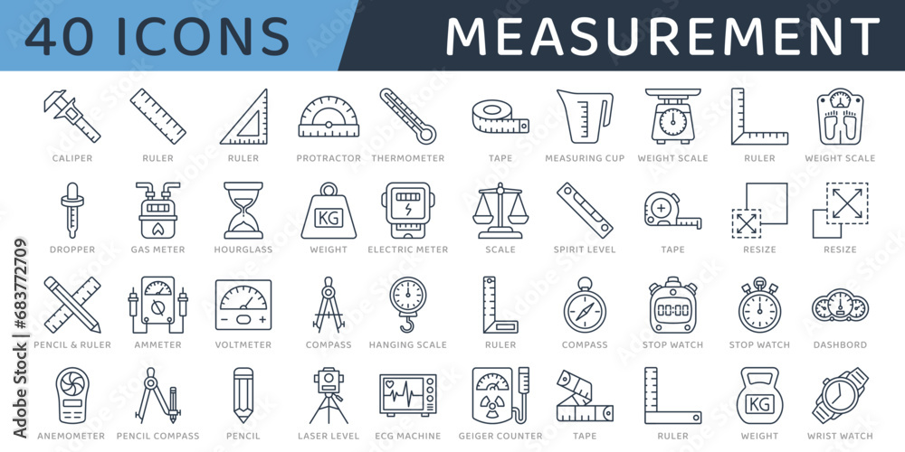 Measurement and Measuring Tool or Measuring Elements Icon Set. Vector ...