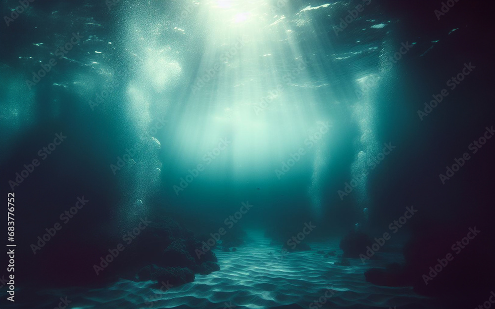 underwater sand floor Light shines underwater clear water empty seabed ...