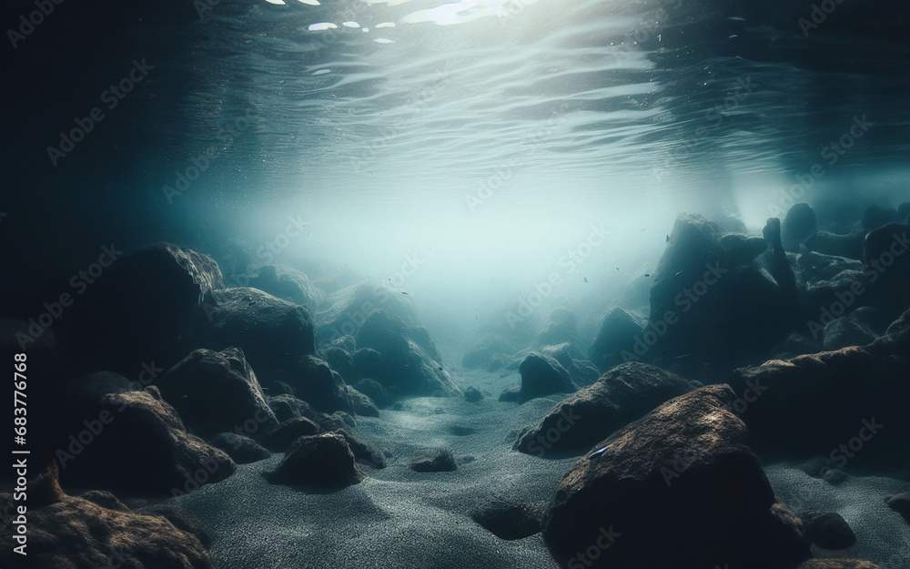 underwater sand floor Light shines underwater clear water empty seabed ...