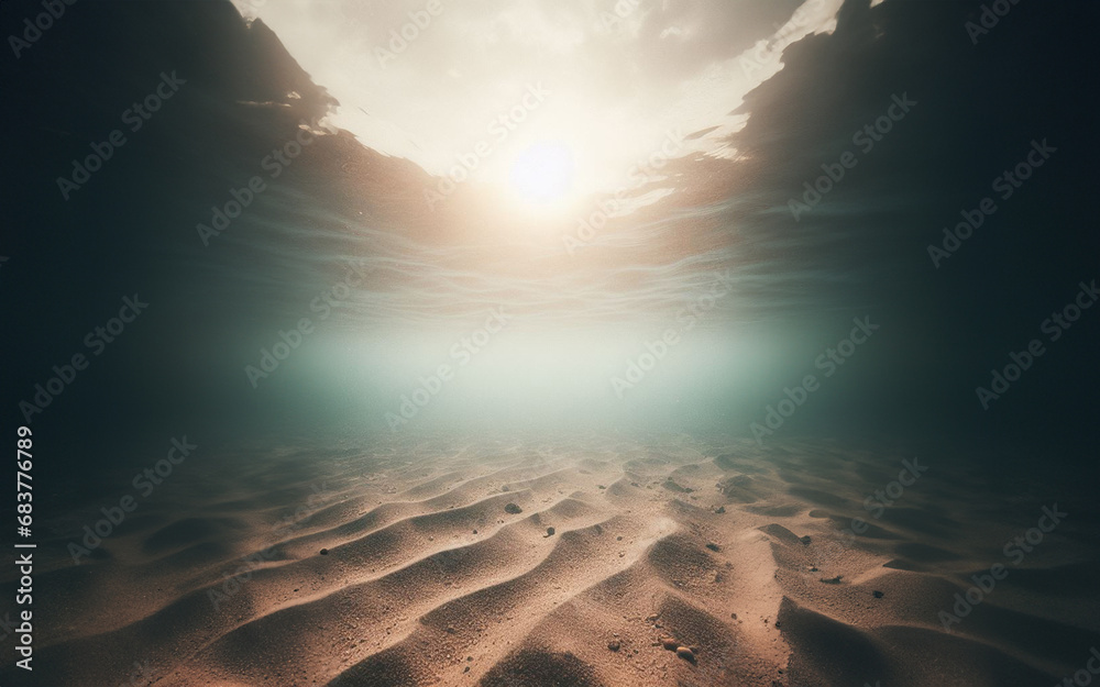 underwater sand floor under the empty sea The sun shines down under the ...
