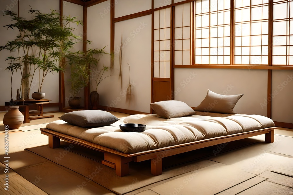 Showcase the simplicity and functionality of a Japanese Futon sofa in a ...