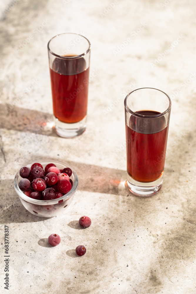 Cranberry liqueur. Berry alcoholic cocktail liqueur, vodka, ice ...