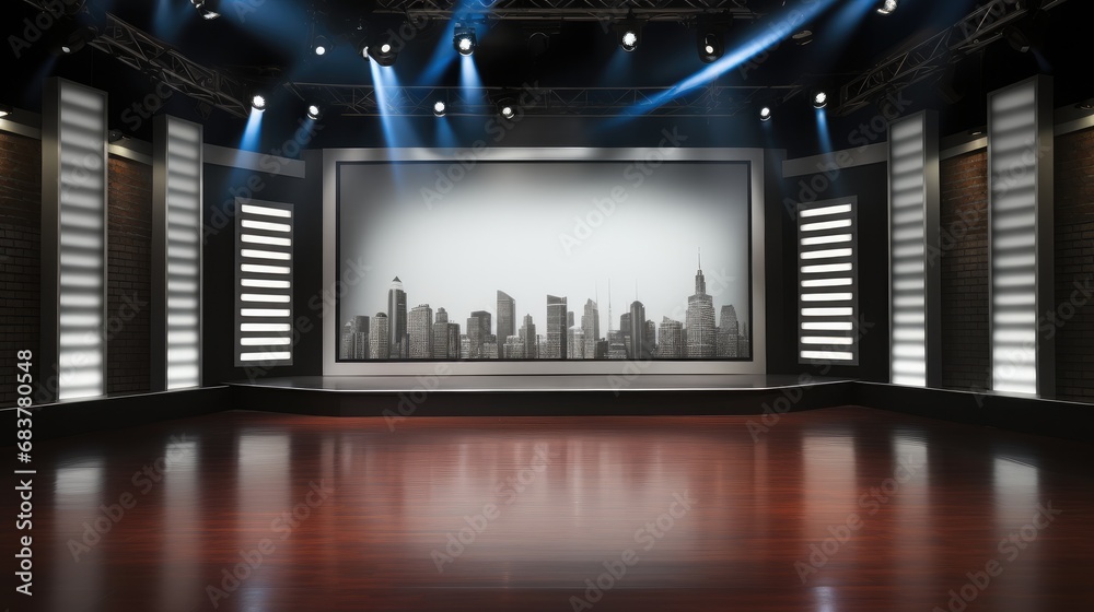 Television studio stage with a big long solid backdrop behind the stage ...