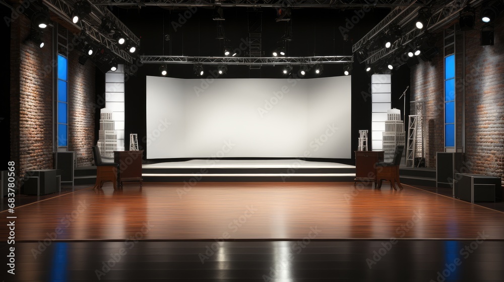 Television studio stage with a big long solid backdrop behind the stage ...