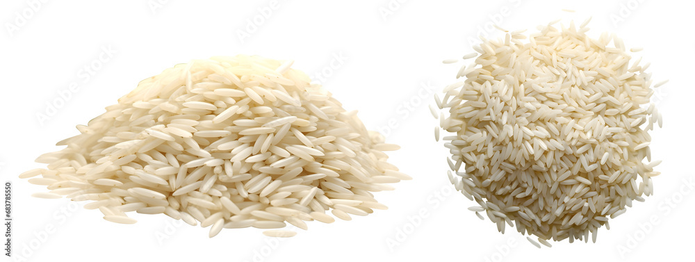 White grain rice, group stack heap top side front view on transparent ...