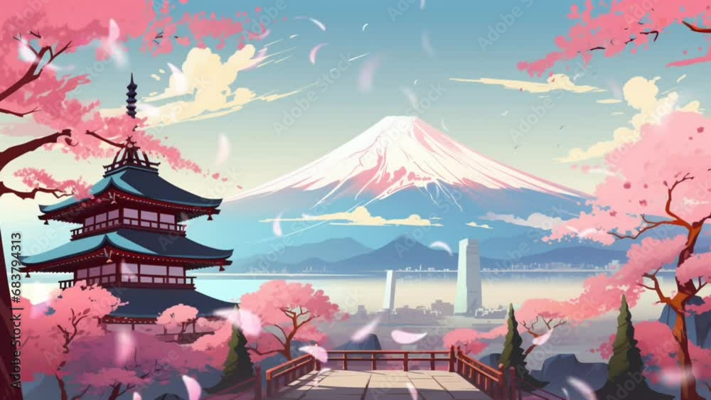 Vidéo Stock Mount Fuji and cherry blossom trees in spring. seamless ...
