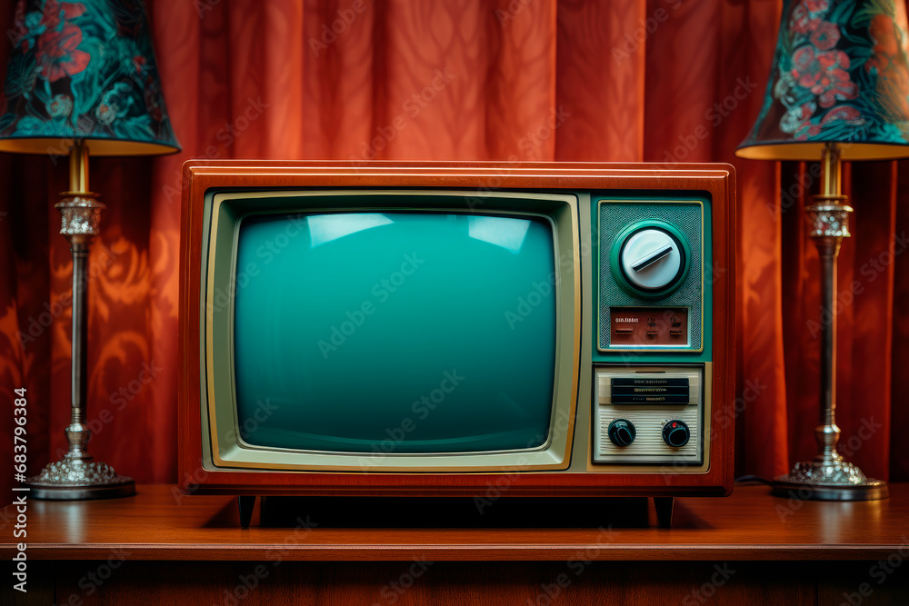 Vintage television in a vintage living room.Old television, lamps ...