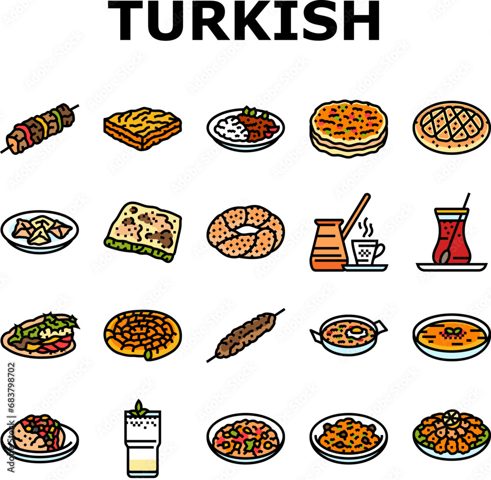 turkish cuisine food meal icons set vector. dinner traditional, dish ...