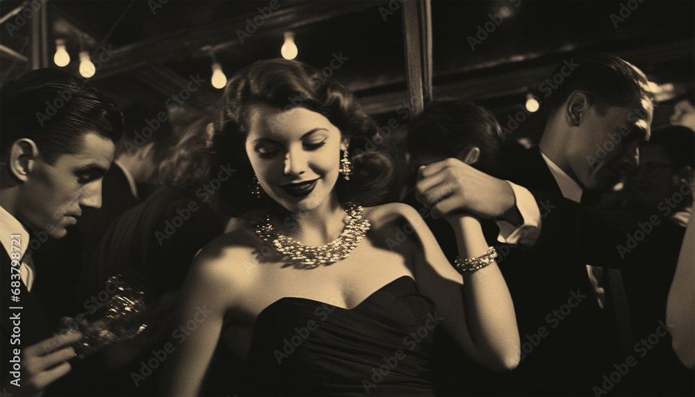 Elegant vintage woman in club or disco. Happy and active dancers woman ...