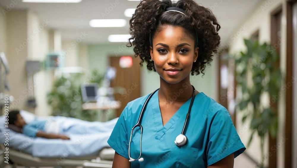 A compassionate young black nurse with a stethoscope in a hospital ward ...