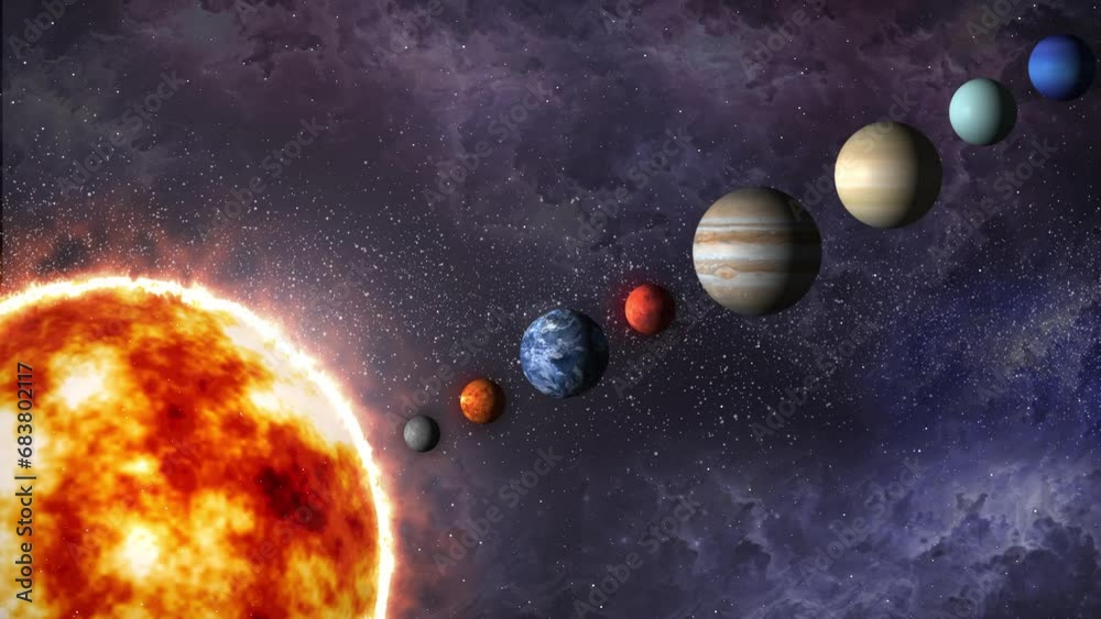 Glowing Bright Sun And Our Solar System 3d Animation Video. Planet ...