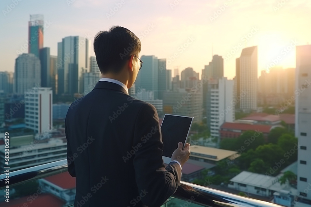 Portrait from backside of a CEO businessman use tablet near a wall ...