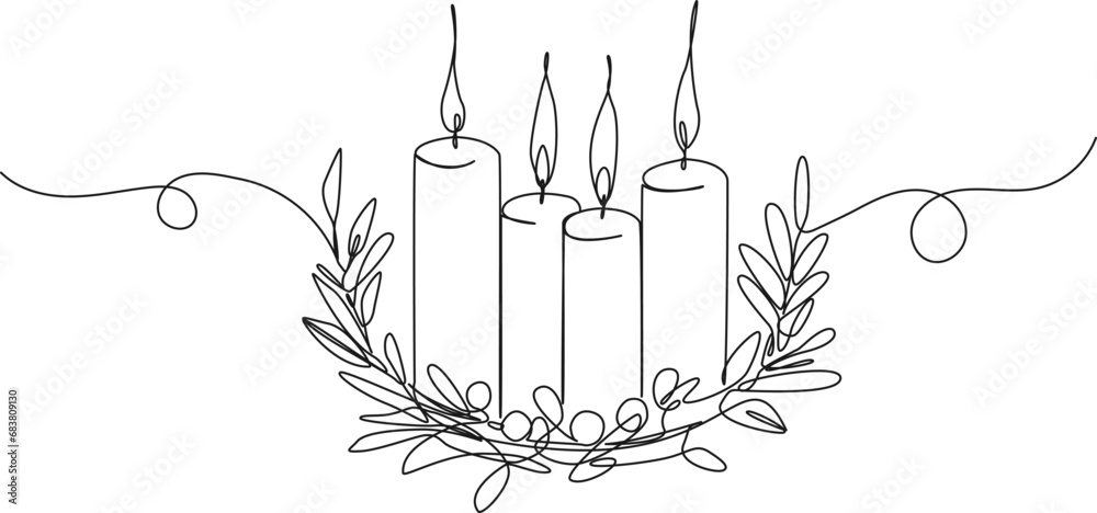 Poster continuous single line drawing of advent wreath with four ...