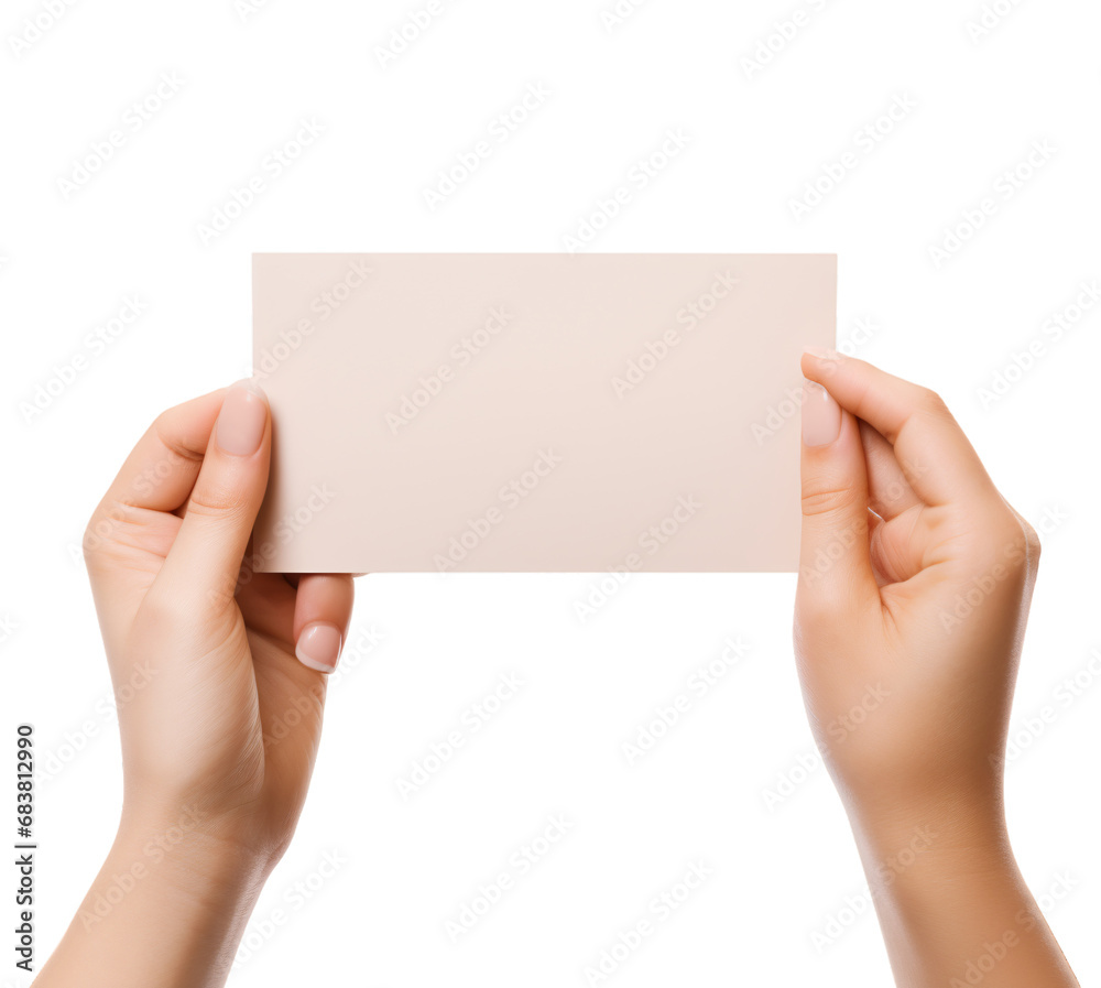 hand holding a blank paper note or business card mockup isolated on a ...