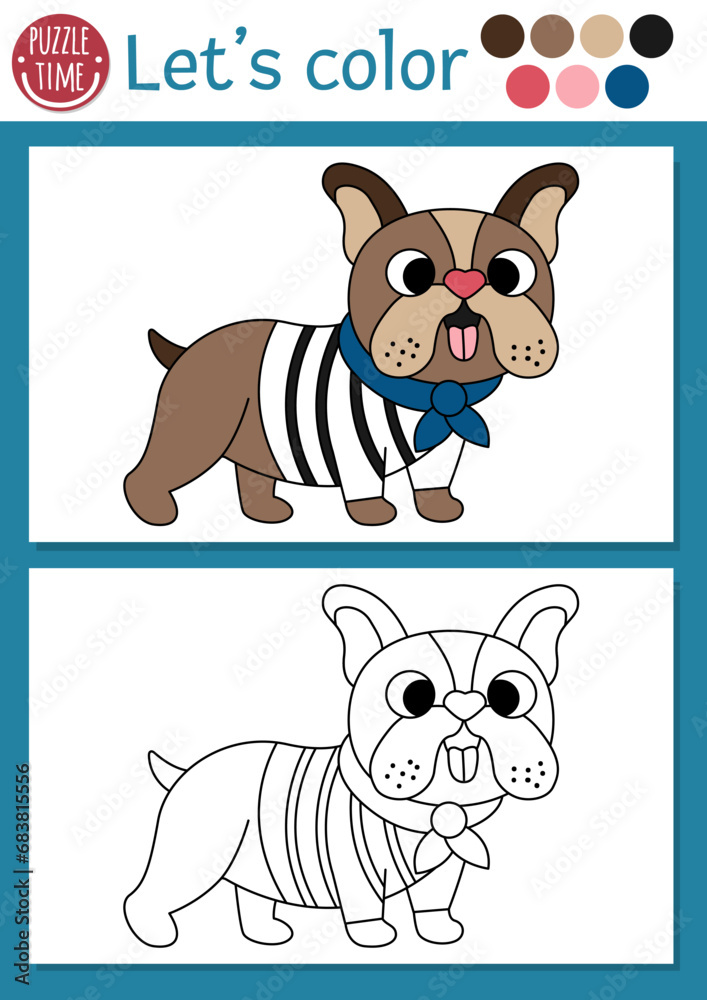 French themed coloring page for children with bulldog in blue scarf ...