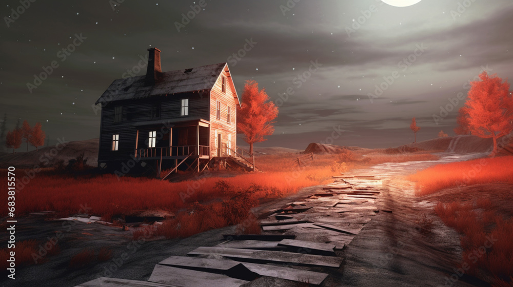 Paysage avec pleine lune. Maison, abandonné, nature, lugubre. Coucher ...