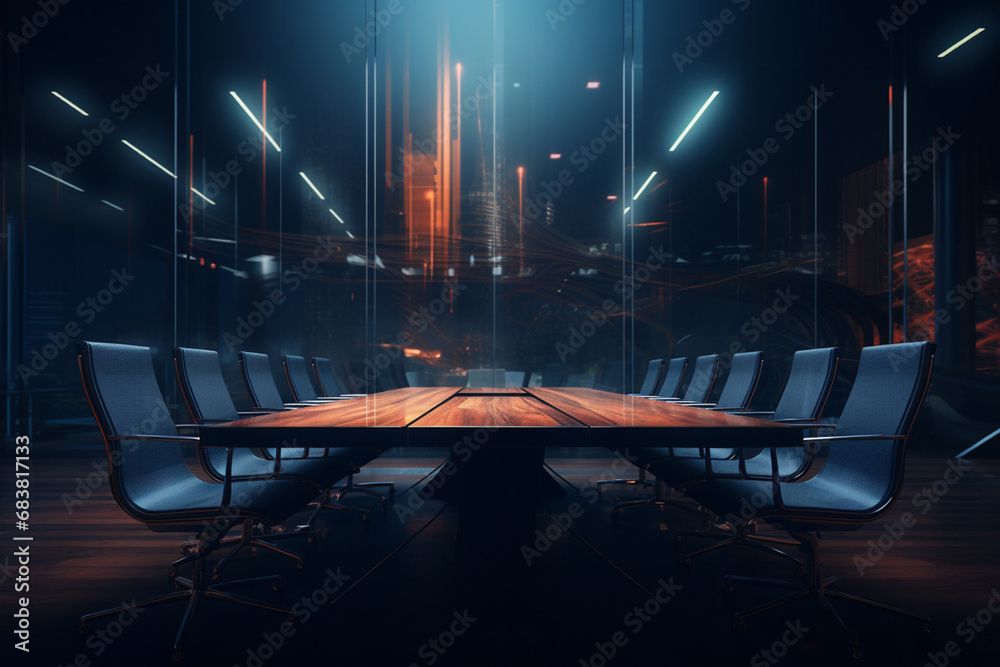 Perspective view of empty meeting conference room with big table set ...