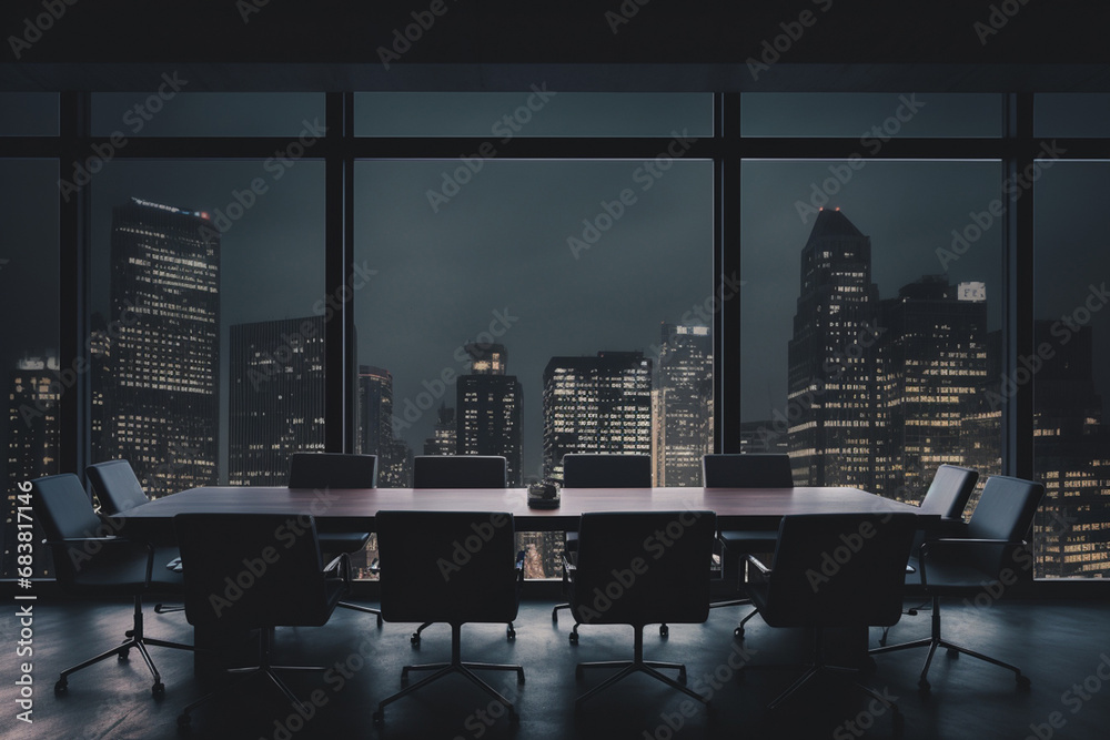 Perspective view of empty meeting conference room with big table set ...