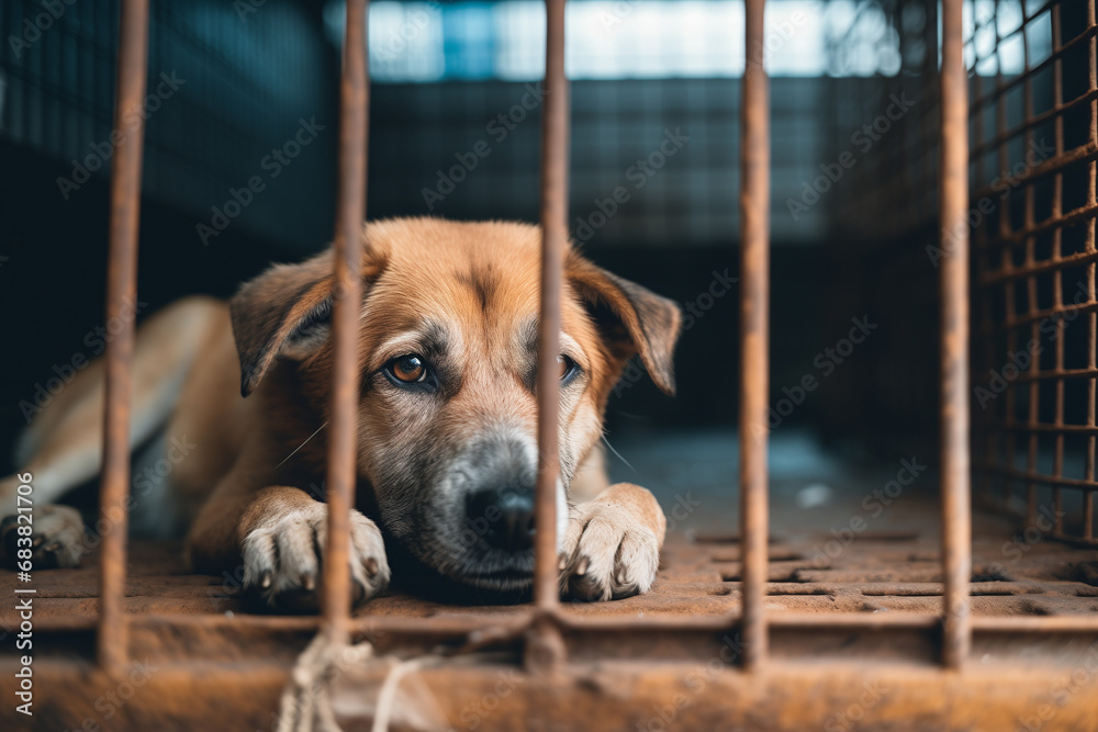 Stray homeless dog in animal shelter cage. Sad abandoned hungry dog ...