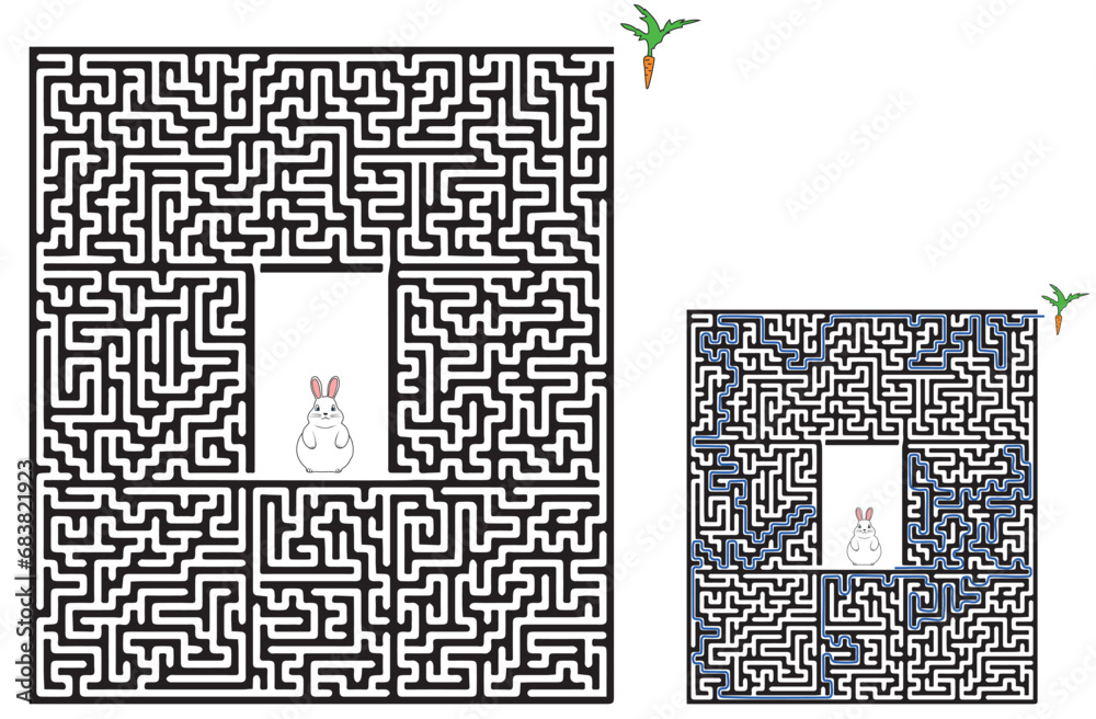 Big labyrinth with rabbit inside. Find the way out logic game. Hard ...