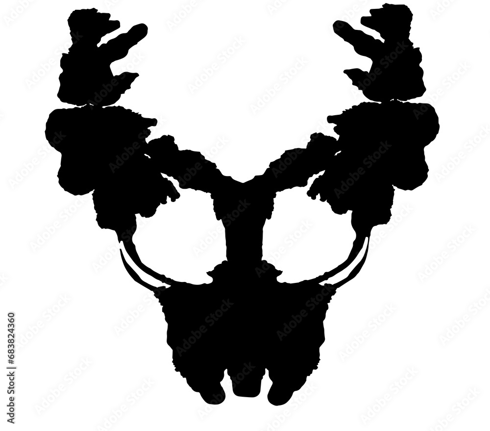 A black and white illustration of an inkblot in the shape of an animal ...